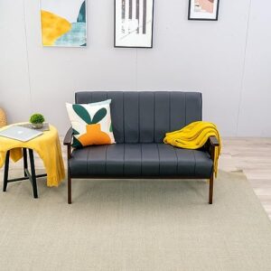 Panana Mid Century Modern Loveseat Sofa with Wooden Arms Leather Office Couch 2-Seat Wood Love Seat Lounge Armchair Living Room Bedroom, Black Faux Leather