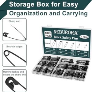 NEBURORA 600Pcs Black Safety Pin Assorted Size Safety Pin Small and Large Safety Pins for Clothes Home School Office Sewing Craft and Arts Pinning