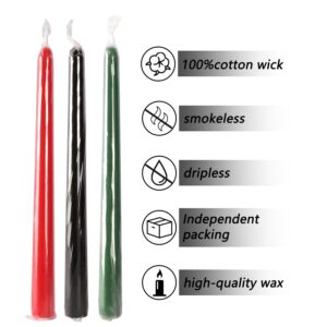 Set of 7 Kwanzaa Taper Candles, 3 Red, 3 Green, 1 Black Mishumaa Saba Candle Set, 10 Inch Dripless Tall Candle Stick for Kwanzaa, 7-7.5 Hour Burn Time