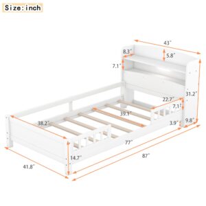 Bellemave Twin Bed Frame with Storage Headboard, White - Solid Wood Kids Bed with Built-in LED Light, Guardrail & Slats - 87L x 43W x 31.2H inches - Includes Tools for Assembly