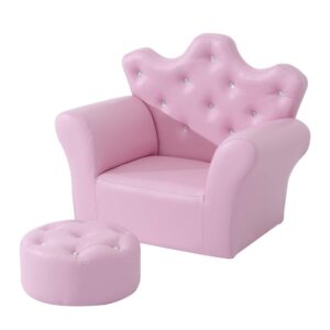 qaba kids sofa set, children's upholstered sofa with footstool, princess sofa with diamond decorations, baby sofa chair for toddlers, girls, pink