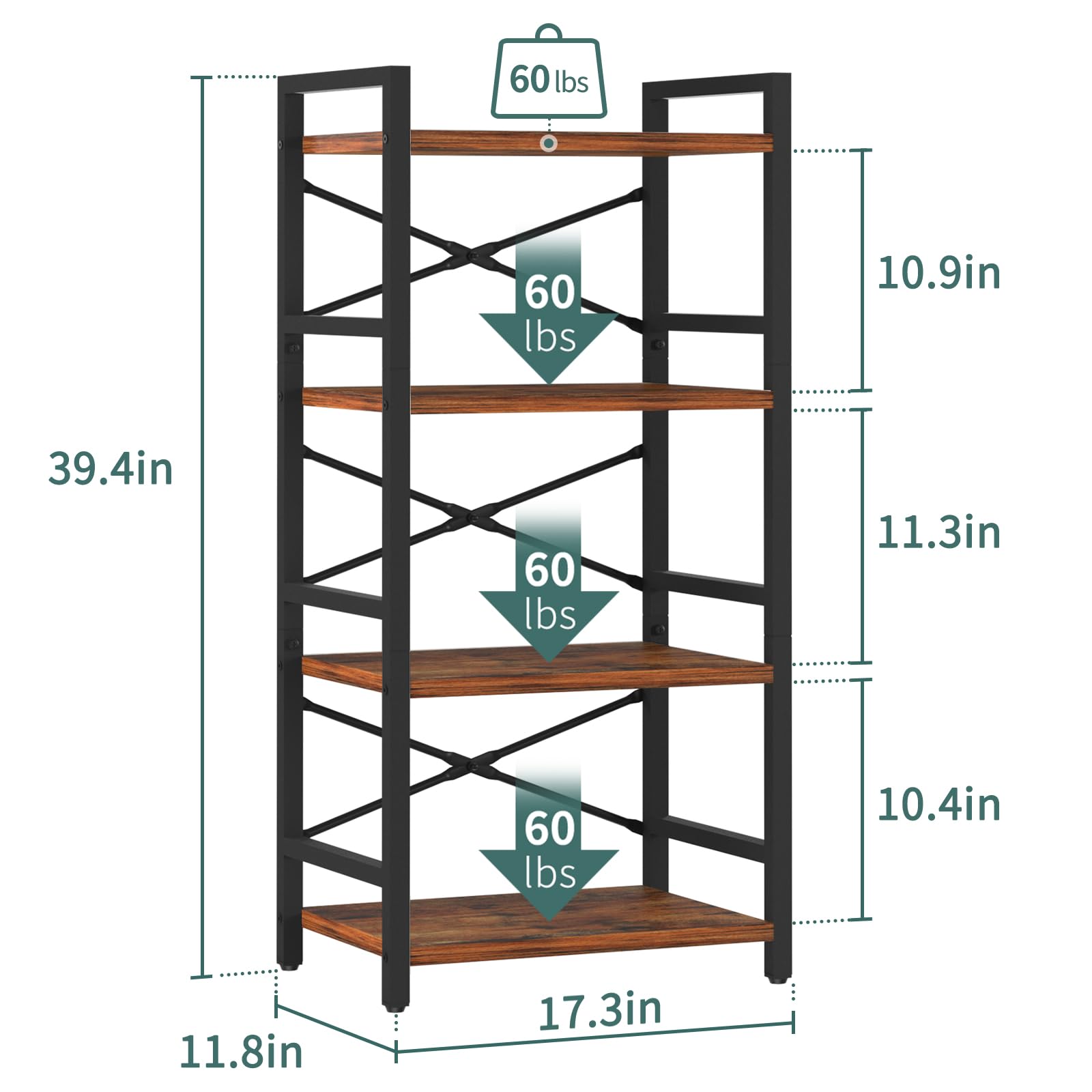 Yoobure 4 Tier Bookshelf - Small Book Shelf Industrial Bookcase, Narrow Book Case Book Storage Organizer for CD/Movie/Book, Bookshelves for Bedroom Office Living Room Berry Brown