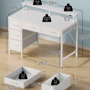 Seventable Computer Desk with Power Outlets & LED Light, 39 inch Home Office Desk with 5 Drawers, Writing Desk with Monitor Stand, Work Desk for Home Office, White