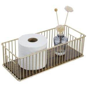 mygift modern brass-tone metal wire toilet paper holder basket with rustic burnt solid wood base, toilet tank topper organizer tray bathroom sink counter toiletries storage