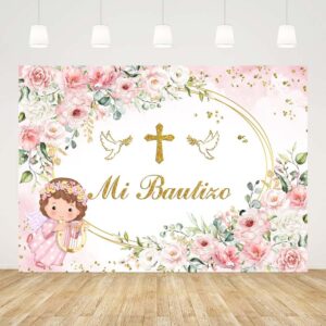 aibiin 7x5ft pink mi bautizo backdrop for girls baby shower god bless first holy communion background oval mexican baptism party flowers decorations banner props