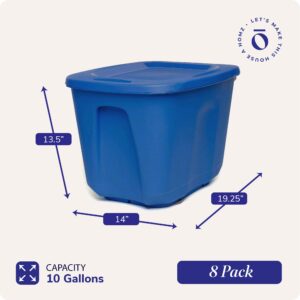 HOMZ 10-Gallon Stackable and Nestable Heavy Duty Plastic Storage Container Organizer Bin with 4 Way Handles, Capri Blue (8 Pack)