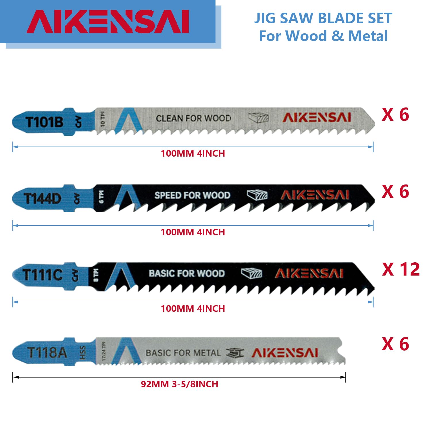 AIKENSAI 30-Piece T101B T144D T111C T118A Jigsaw Blades T Shank for Wood Plastic Metal Assorted Jig Saw Blade Set Compatible with RYOBI Milwaukee Makita Bosch DeWalt etc