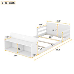 Linique Twin Size Floor Bed with Storage Footboard and Guardrail,Classic Style Solid Wood Floor Bedframe,White