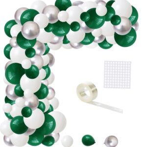 emerald green silver white balloon garland arch, dark green white balloons green metallic silver 2024 graduation party for camo military video game birthday jungle baby shower anniversary party