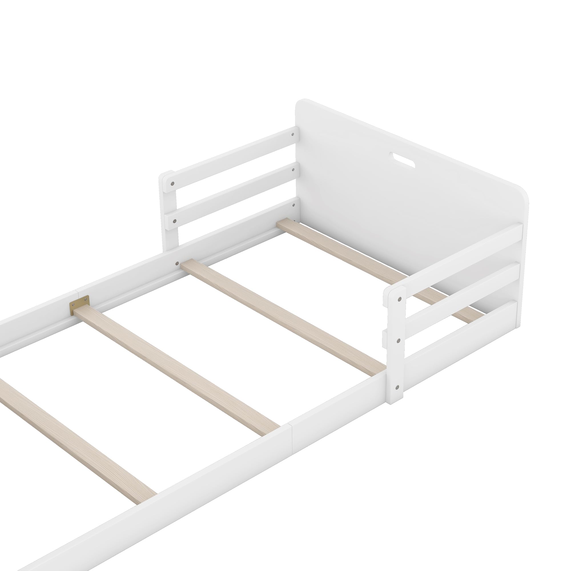 Linique Twin Size Floor Bed with Storage Footboard and Guardrail,Classic Style Solid Wood Floor Bedframe,White