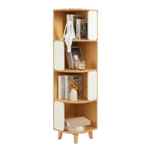 selfla 4-tier wood corner bookshelf, nordic style modern book shelf, tall shelf & thickened wooden layers, sturdy standing bookcase for living room/bedroom/office, easy to assemble - natural & white