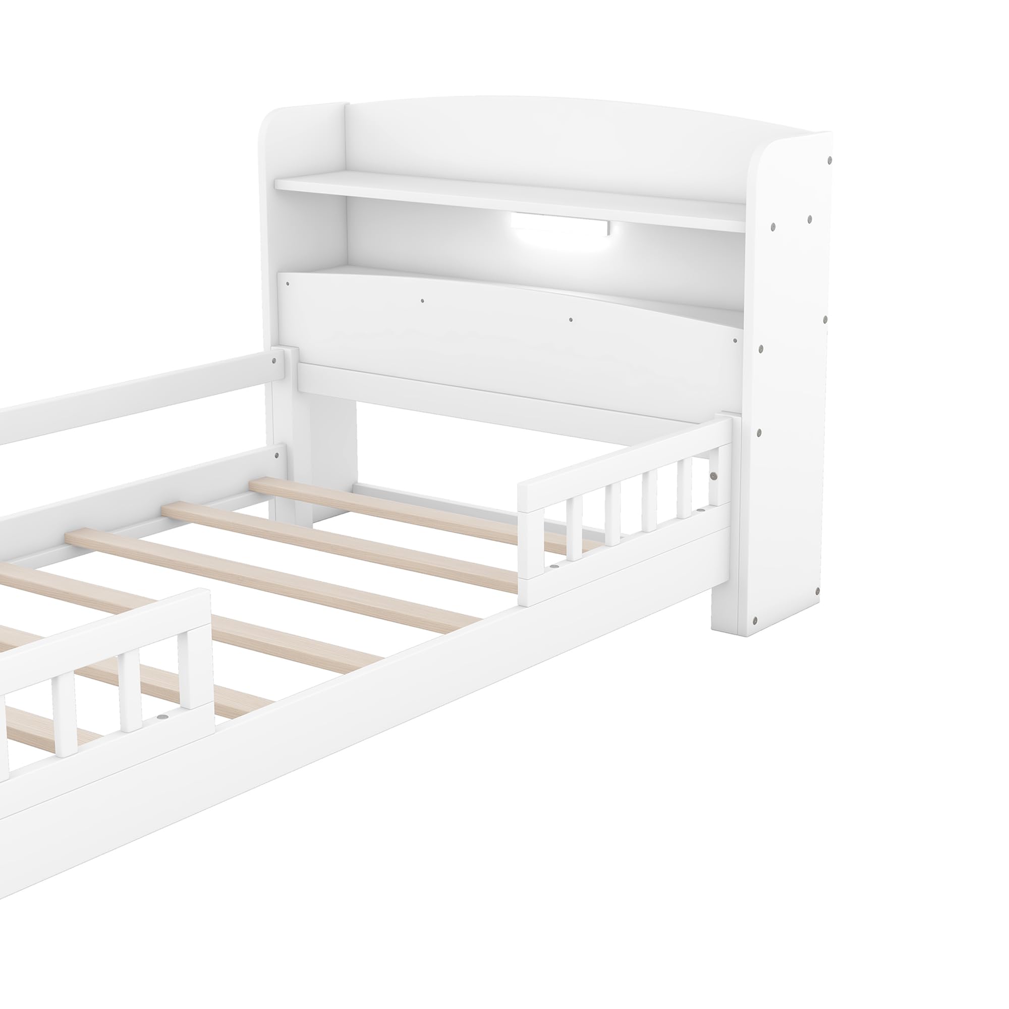 Bellemave Twin Bed Frame with Storage Headboard, White - Solid Wood Kids Bed with Built-in LED Light, Guardrail & Slats - 87L x 43W x 31.2H inches - Includes Tools for Assembly