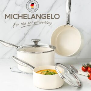 MICHELANGELO Sauce Pan Sets - Ceramic Sauce Pan with Lid, Nonstick Saucepan Set, 1Qt & 2Qt & 3 Qt Small Pots for Cooking, Non-Toxic Sauce Pot, White