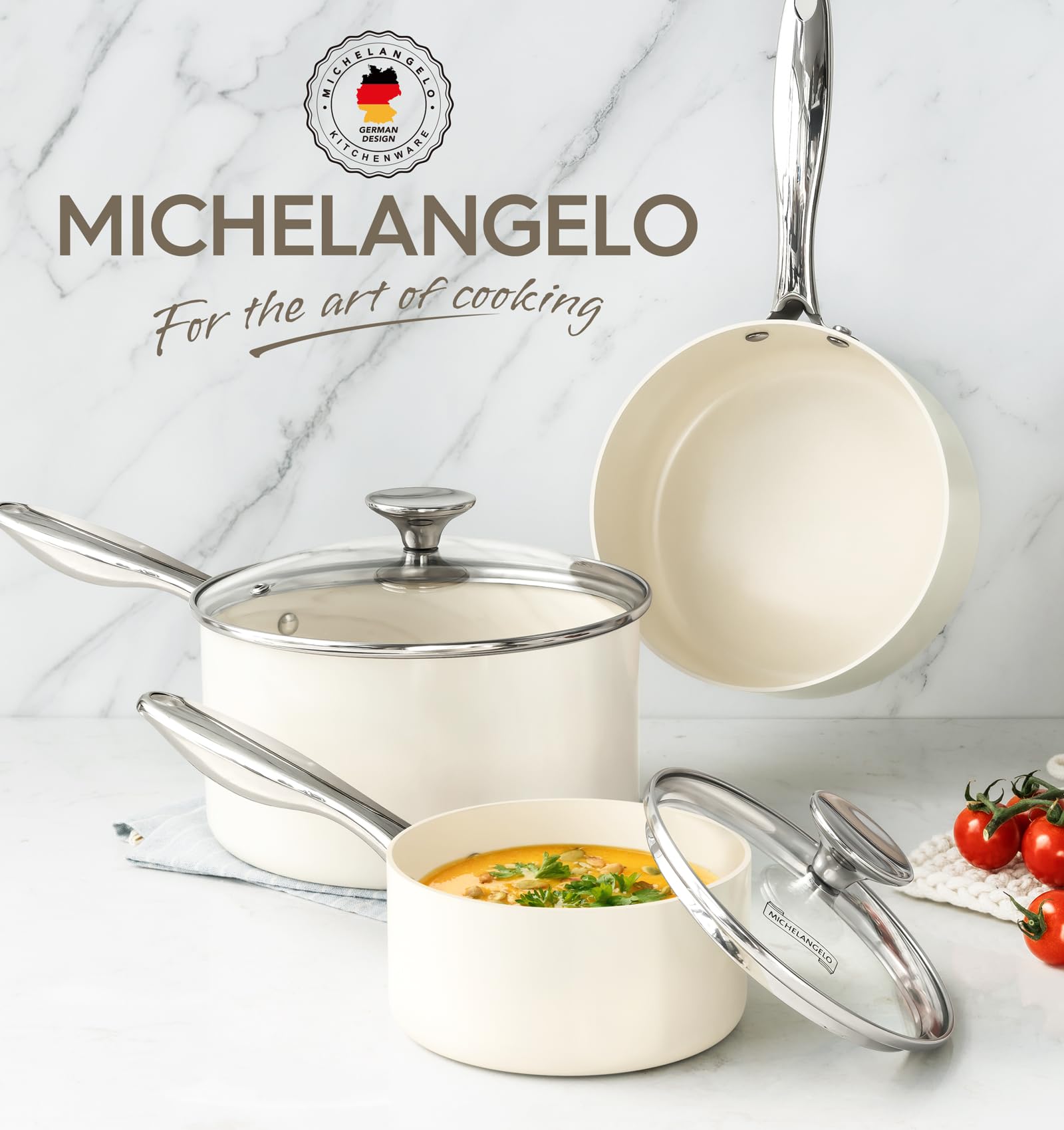 MICHELANGELO Sauce Pan Sets - Ceramic Sauce Pan with Lid, Nonstick Saucepan Set, 1Qt & 2Qt & 3 Qt Small Pots for Cooking, Non-Toxic Sauce Pot, White