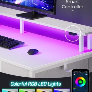 Seventable Computer Desk with Power Outlets & LED Light, 39 inch Home Office Desk with 5 Drawers, Writing Desk with Monitor Stand, Work Desk for Home Office, White