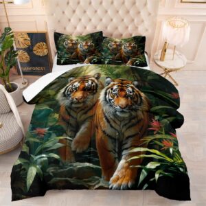 ydtwnyq tiger bedding set king, dark green comforter set, tropical plants wildlife animal tiger comforter set quilt cover with 2 pillowcases for kids teens adults