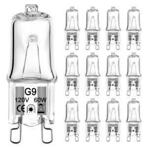 g9 bulb 60w, 12 pack g9 halogen light bulbs 2 pin base t4 jcd type 120v xenon small light bulb for chandeliers, range hood light, bathroom light bulbs, cabinet lights, dimmable, 2700k warm white