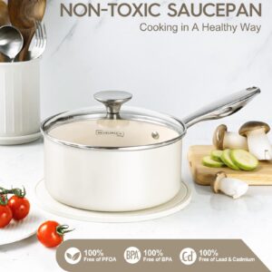 MICHELANGELO Sauce Pan Sets - Ceramic Sauce Pan with Lid, Nonstick Saucepan Set, 1Qt & 2Qt & 3 Qt Small Pots for Cooking, Non-Toxic Sauce Pot, White