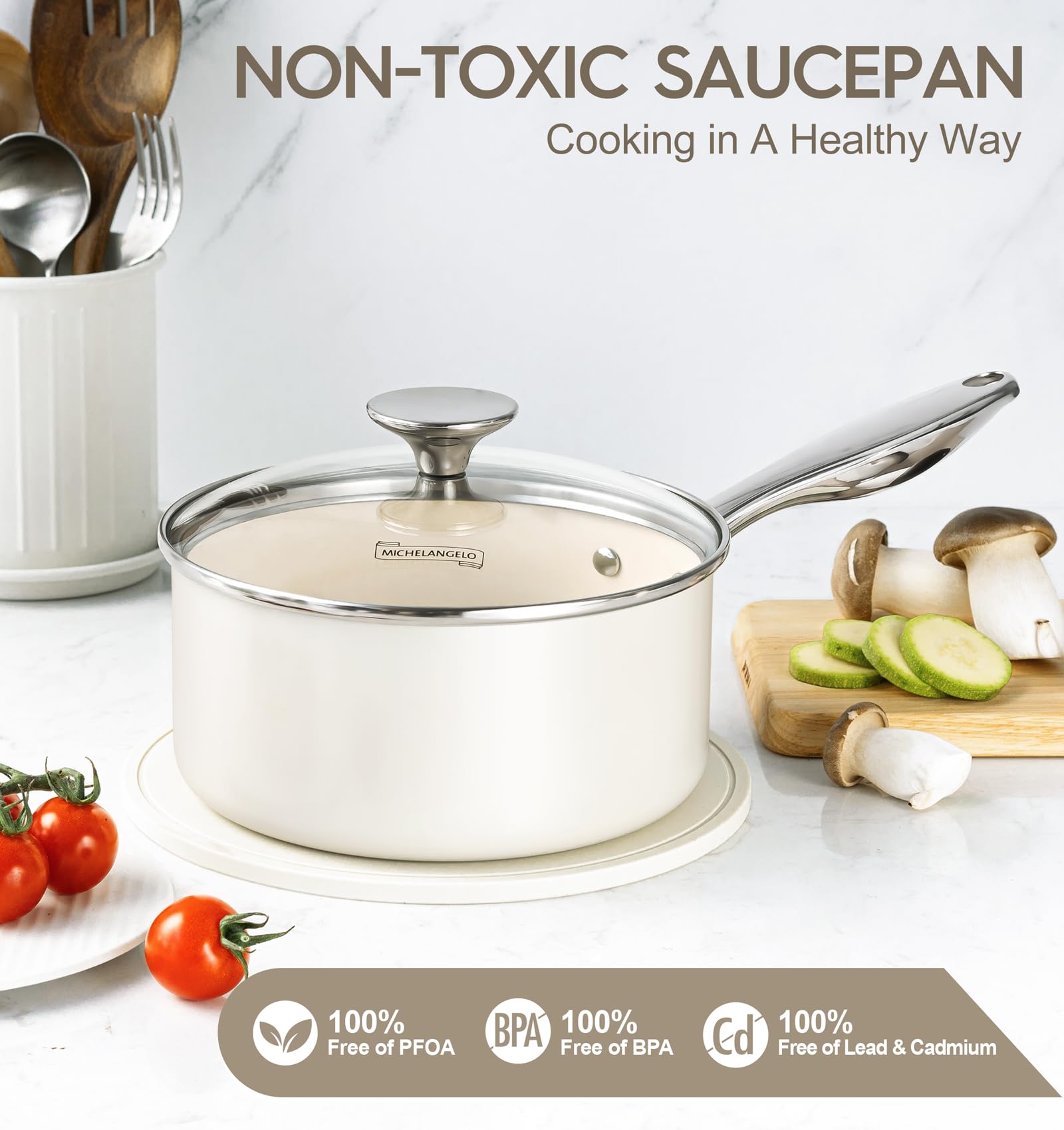 MICHELANGELO Sauce Pan Sets - Ceramic Sauce Pan with Lid, Nonstick Saucepan Set, 1Qt & 2Qt & 3 Qt Small Pots for Cooking, Non-Toxic Sauce Pot, White