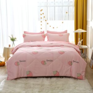 Jameswish 7 Piece Kids Strawberry Comforter Set Twin Size for Girls Teens Bed in A Bag Light Pink Grid Bedding Set with Sheet All Season Lightweight