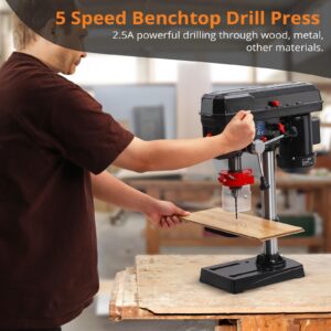 Benchtop Drill Press, 2.5Amp Bench Drilling Machine with 5-Speed Adjustable, 8 Inch Swing Distance 0-45° Tiltling Tabletop Drilling Machine for Wood, Metal