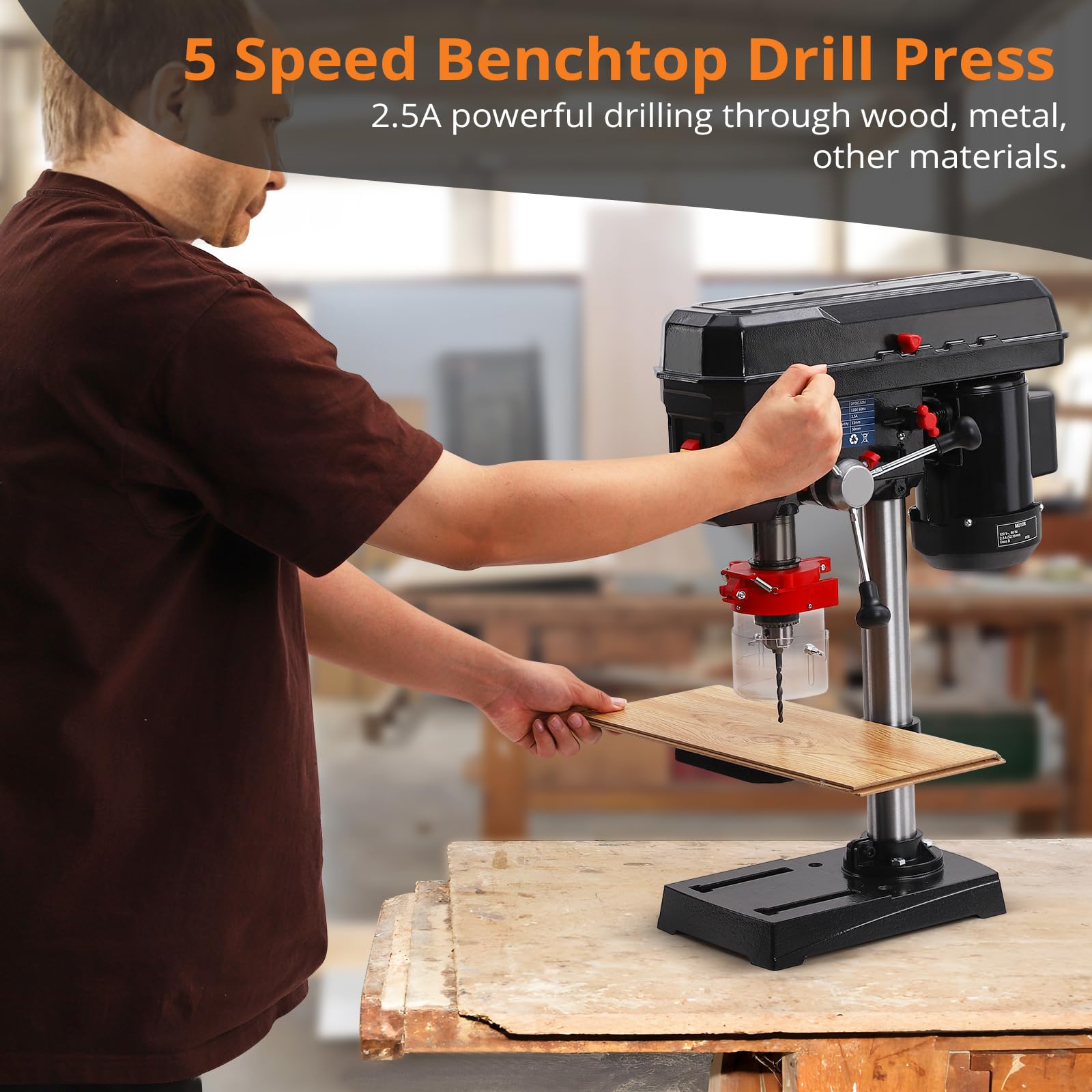 Benchtop Drill Press, 2.5Amp Bench Drilling Machine with 5-Speed Adjustable, 8 Inch Swing Distance 0-45° Tiltling Tabletop Drilling Machine for Wood, Metal