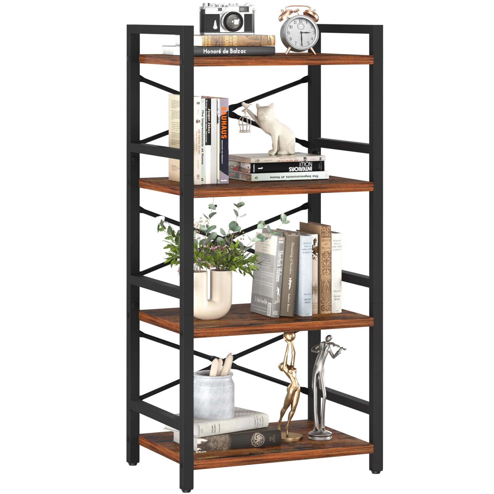 Yoobure 4 Tier Bookshelf - Small Book Shelf Industrial Bookcase, Narrow Book Case Book Storage Organizer for CD/Movie/Book, Bookshelves for Bedroom Office Living Room Berry Brown