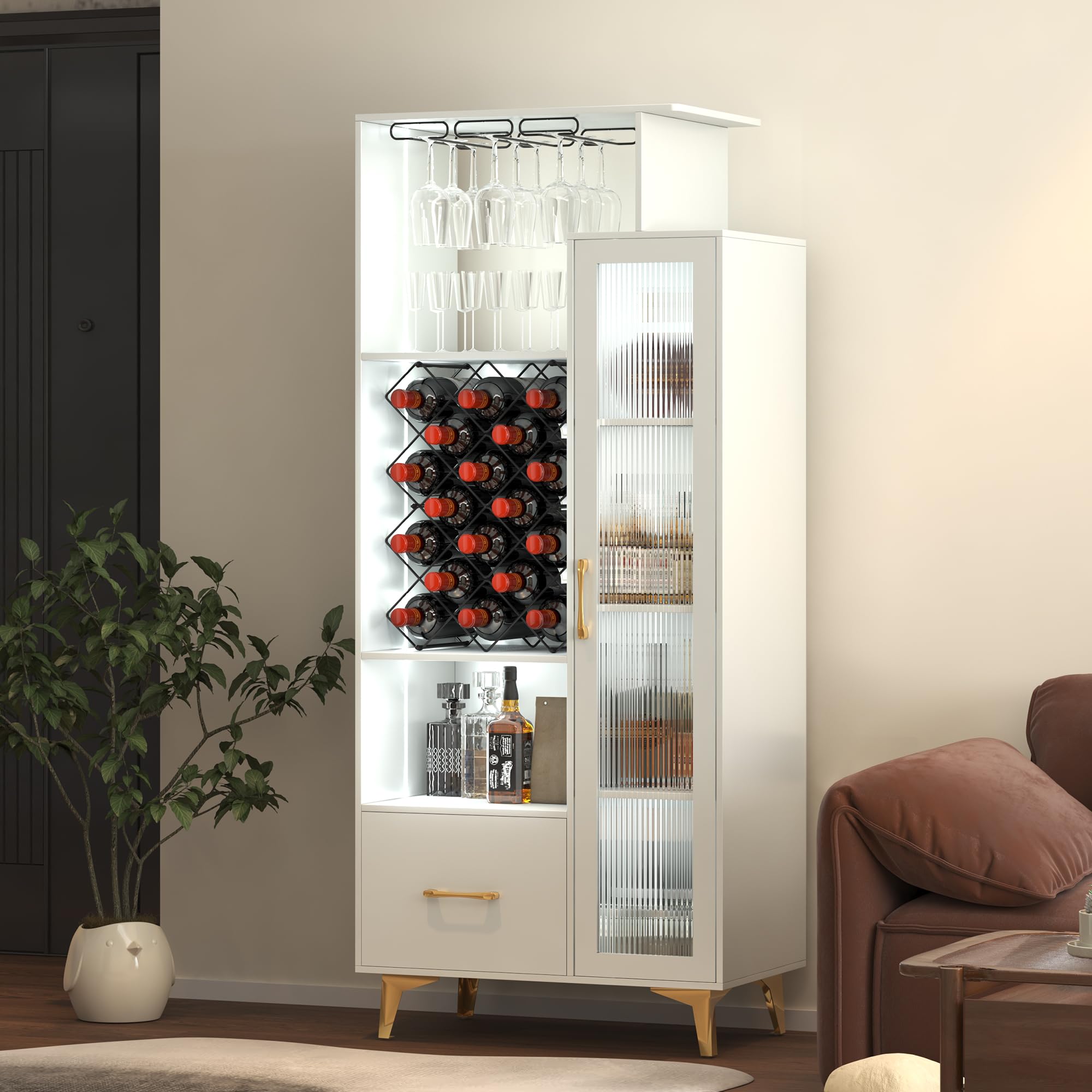 Vlsrka LED Liquor Wine Cabinet, Wine Bar Cabinet with USB Port, Bar Cabinets for 18 Bottle Wine Rack and 3 Glass Holder, Tall Sideboard Buffet Storage Cabinet for Living, Dining Room, White