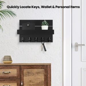 Lwenki Wall Mounted Key Holder - 9.8" x 6.7" x 4.2" Decorative Wall Shelf with Hooks Holds Key Rings, Dog Leash, Wallet, Purse - Real Paulownia Wood Entryway Shelf for Rustic Farmhouse Decor (Black)