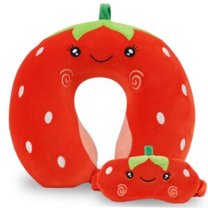 kids neck pillow for travel with sleep eye mask, cute travel neck pillow, memory foam flight sleeping headrest pillow for boys & girls, airplane, train, car, home use - red strawberry