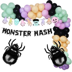 halloween monster balloon garland arch kit, black purple green balloons with spider foil balloons monster mash banner for hocus pocus spooky halloween baby shower birthday party decorations