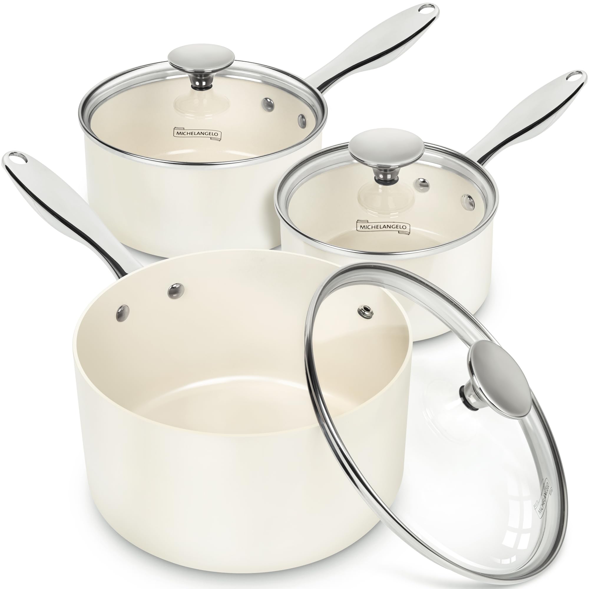 MICHELANGELO Sauce Pan Sets - Ceramic Sauce Pan with Lid, Nonstick Saucepan Set, 1Qt & 2Qt & 3 Qt Small Pots for Cooking, Non-Toxic Sauce Pot, White