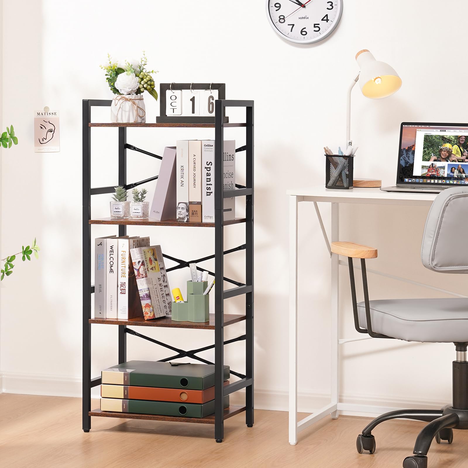 Yoobure 4 Tier Bookshelf - Small Book Shelf Industrial Bookcase, Narrow Book Case Book Storage Organizer for CD/Movie/Book, Bookshelves for Bedroom Office Living Room Berry Brown