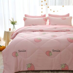 Jameswish 7 Piece Kids Strawberry Comforter Set Twin Size for Girls Teens Bed in A Bag Light Pink Grid Bedding Set with Sheet All Season Lightweight