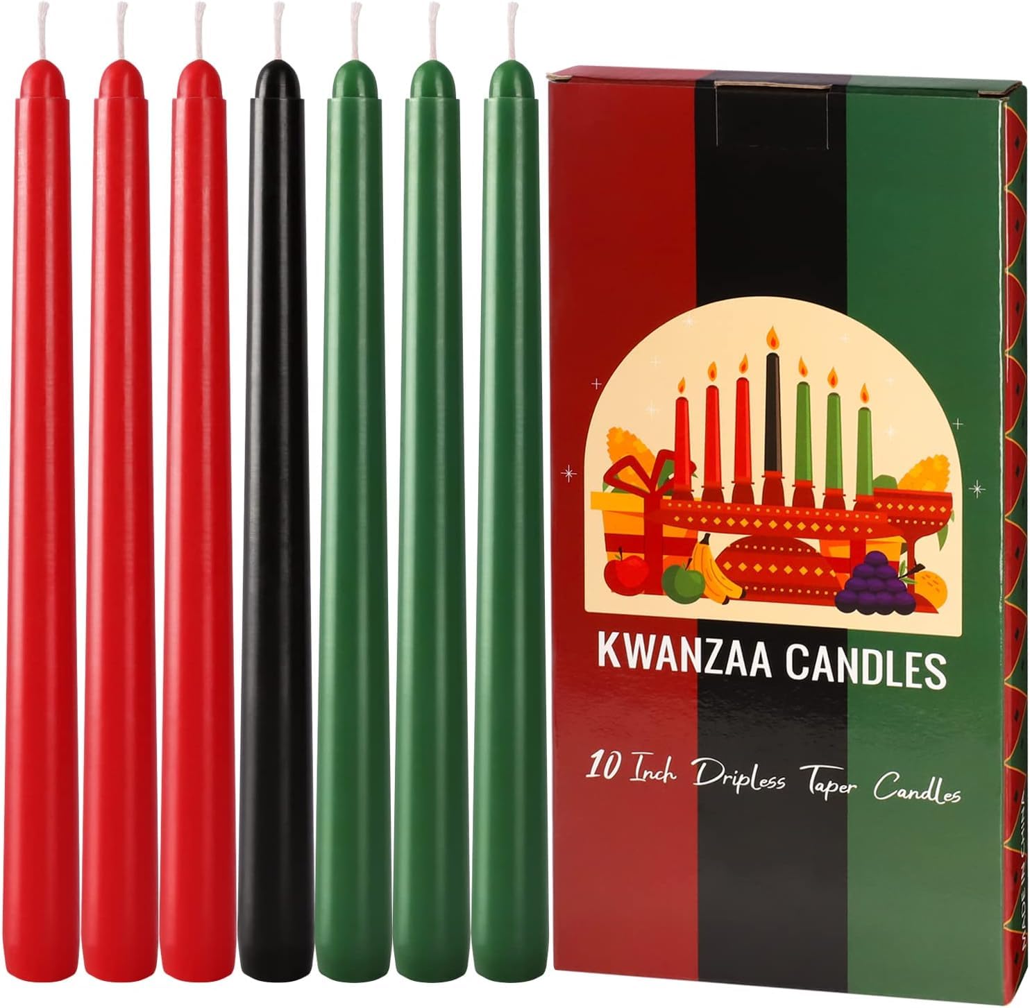 Set of 7 Kwanzaa Taper Candles, 3 Red, 3 Green, 1 Black Mishumaa Saba Candle Set, 10 Inch Dripless Tall Candle Stick for Kwanzaa, 7-7.5 Hour Burn Time