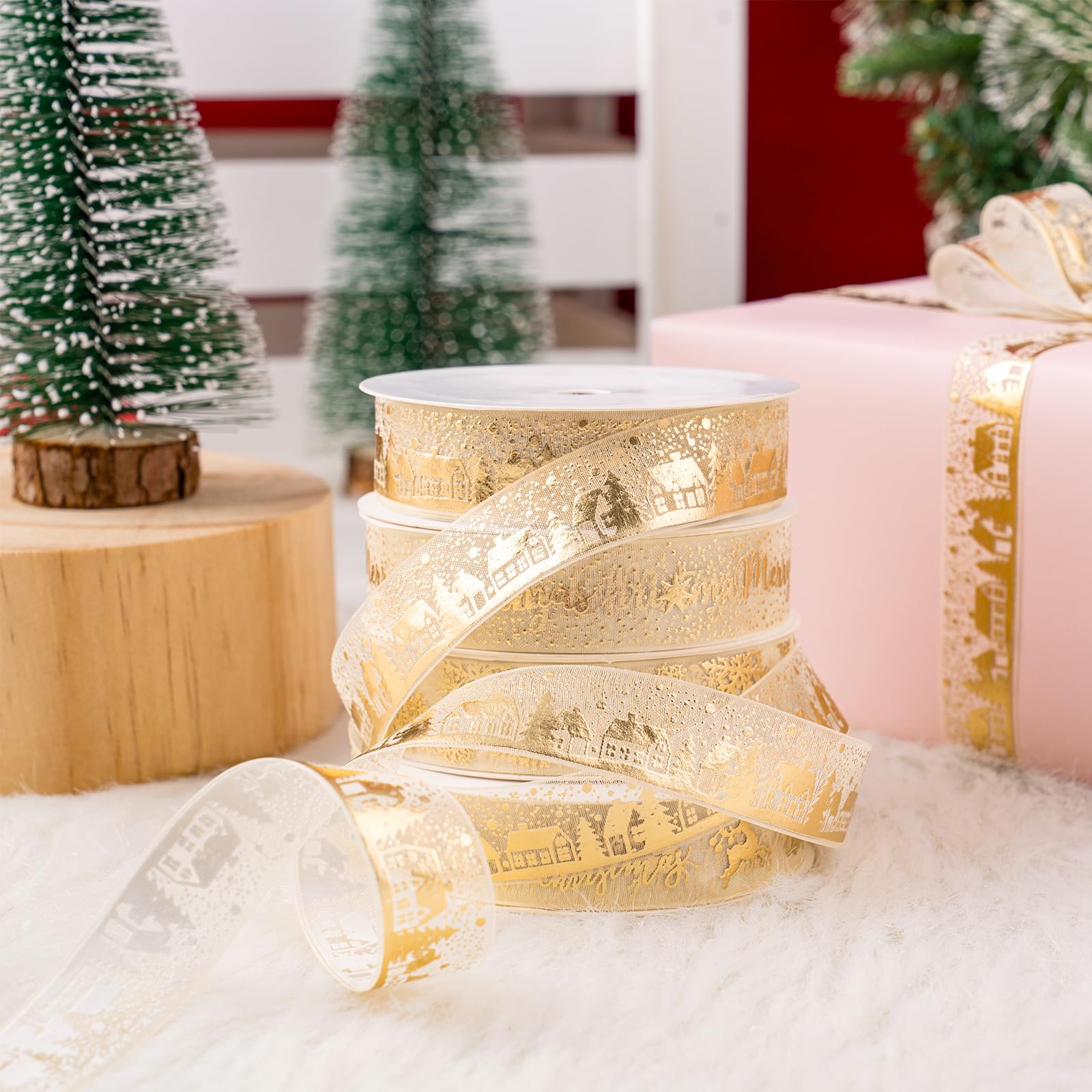 Holijolly Christmas Gold Sheer Ribbon - Merry Christmas Tree and Star Snow Yarn Ribbon for Gift Wrap, Decorating - 3/4 inch x 10 Yard