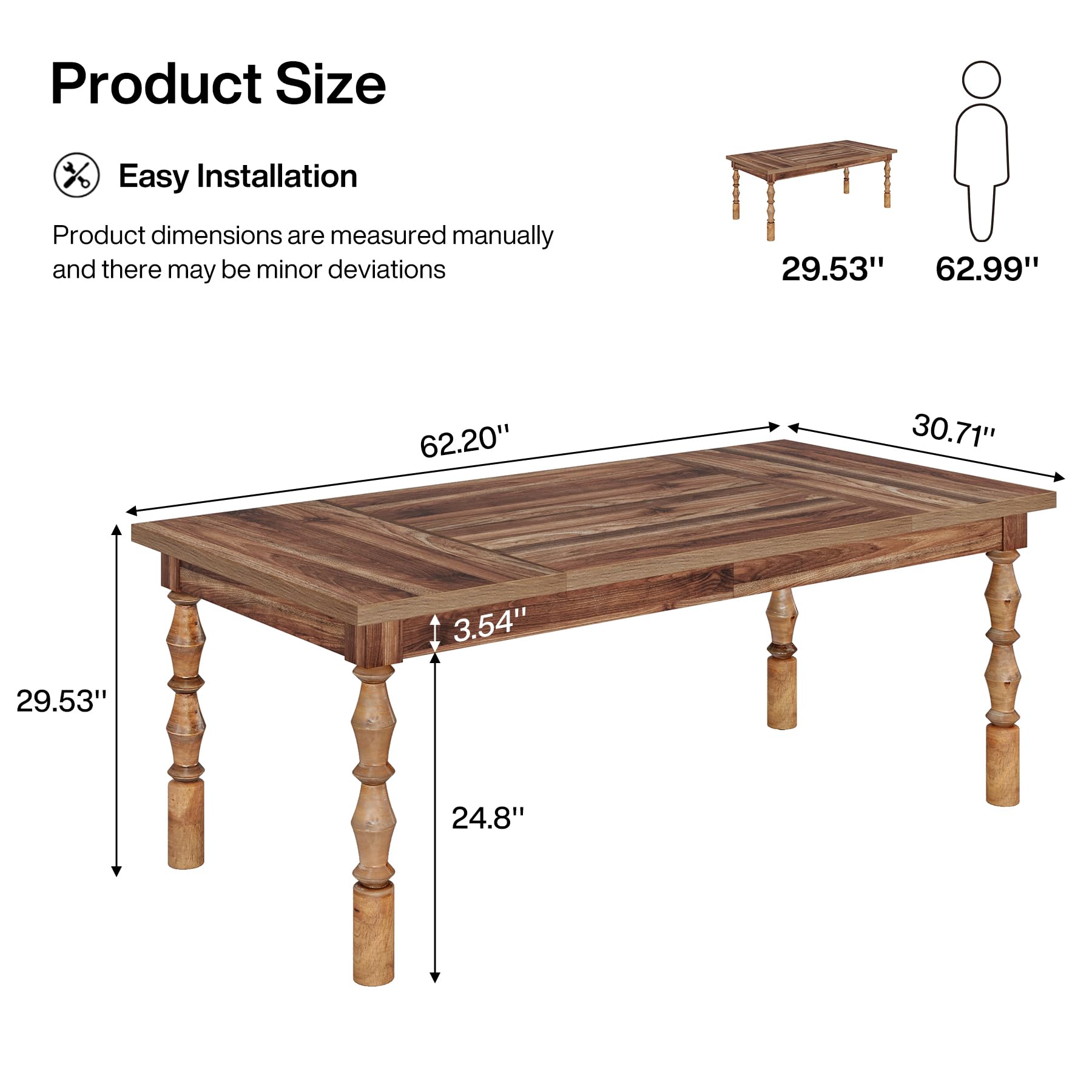 Tribesigns 62” Farmhouse Dining Table for 4-6 People, Large Rectangle Kitchen Table, Dinner Table Kitchen & Dining Room Furniture with Carved Turned Legs