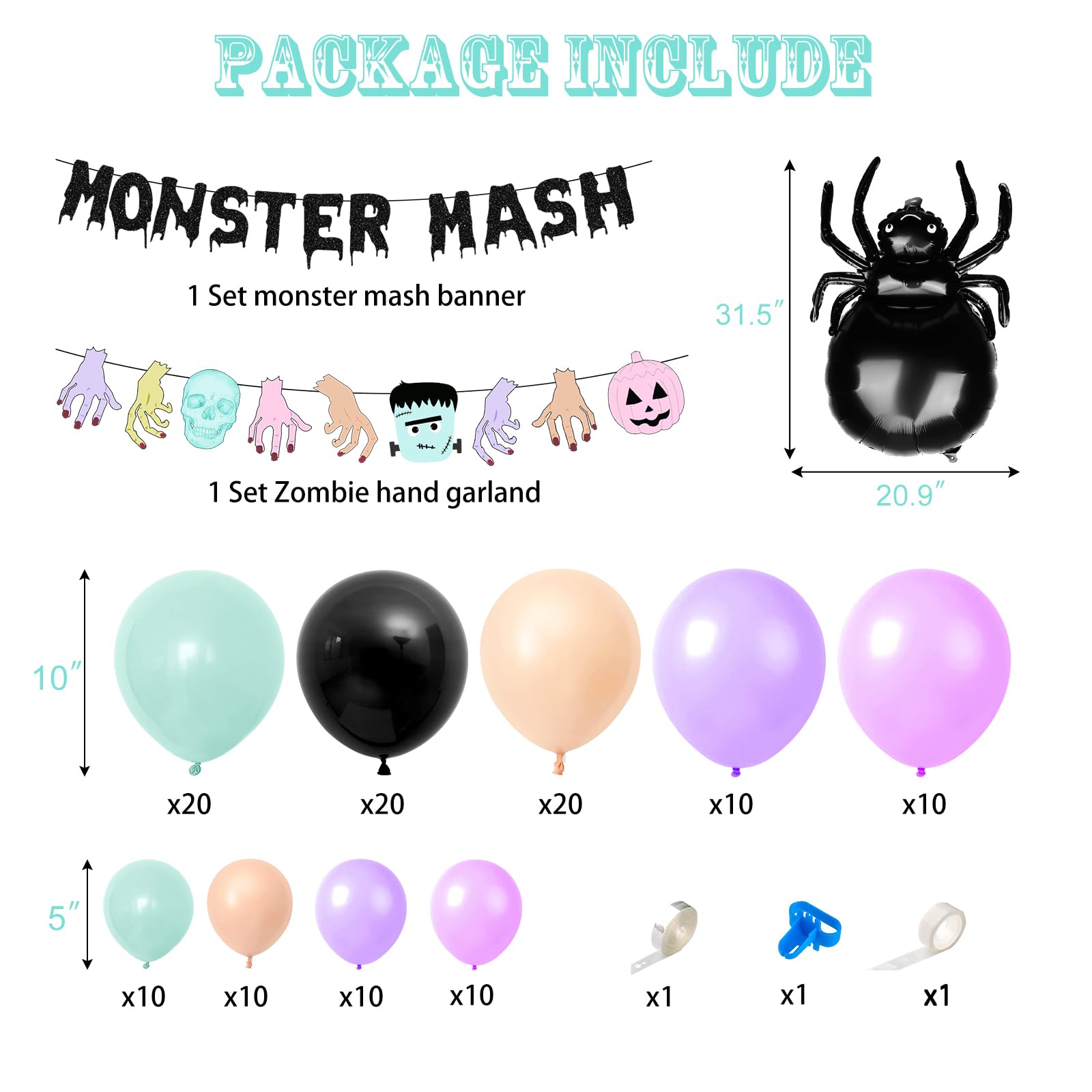 Halloween Monster Balloon Garland Arch kit, Black Purple Green Balloons with Spider Foil Balloons Monster Mash Banner for Hocus Pocus Spooky Halloween Baby Shower Birthday Party Decorations