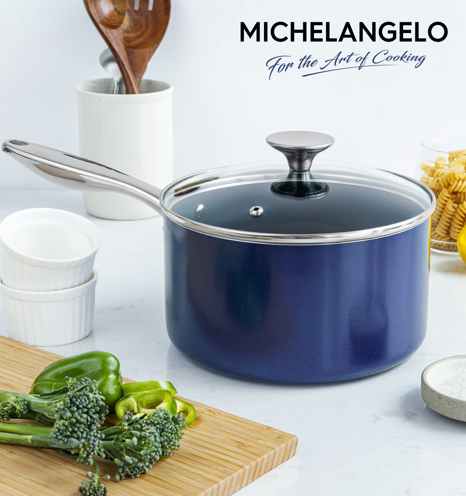 MICHELANGELO 1 Quart Saucepan with Lid, Nonstick Ceramic Sauce Pan with Stainless Steel Handle, 1 Qt Saucepan with Lid Oven Safe, Blue