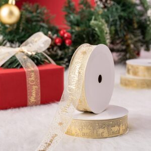 Holijolly Christmas Gold Sheer Ribbon - Merry Christmas Tree and Star Snow Yarn Ribbon for Gift Wrap, Decorating - 3/4 inch x 10 Yard