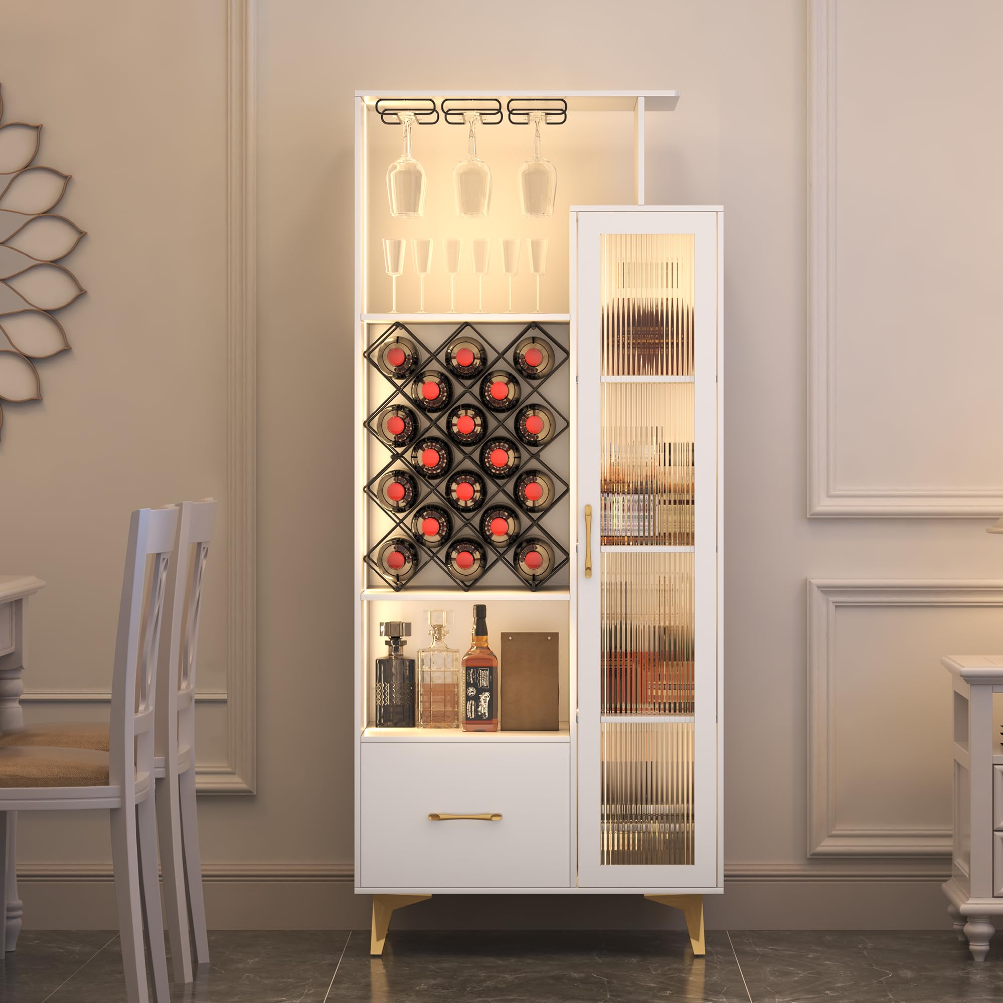 Vlsrka LED Liquor Wine Cabinet, Wine Bar Cabinet with USB Port, Bar Cabinets for 18 Bottle Wine Rack and 3 Glass Holder, Tall Sideboard Buffet Storage Cabinet for Living, Dining Room, White