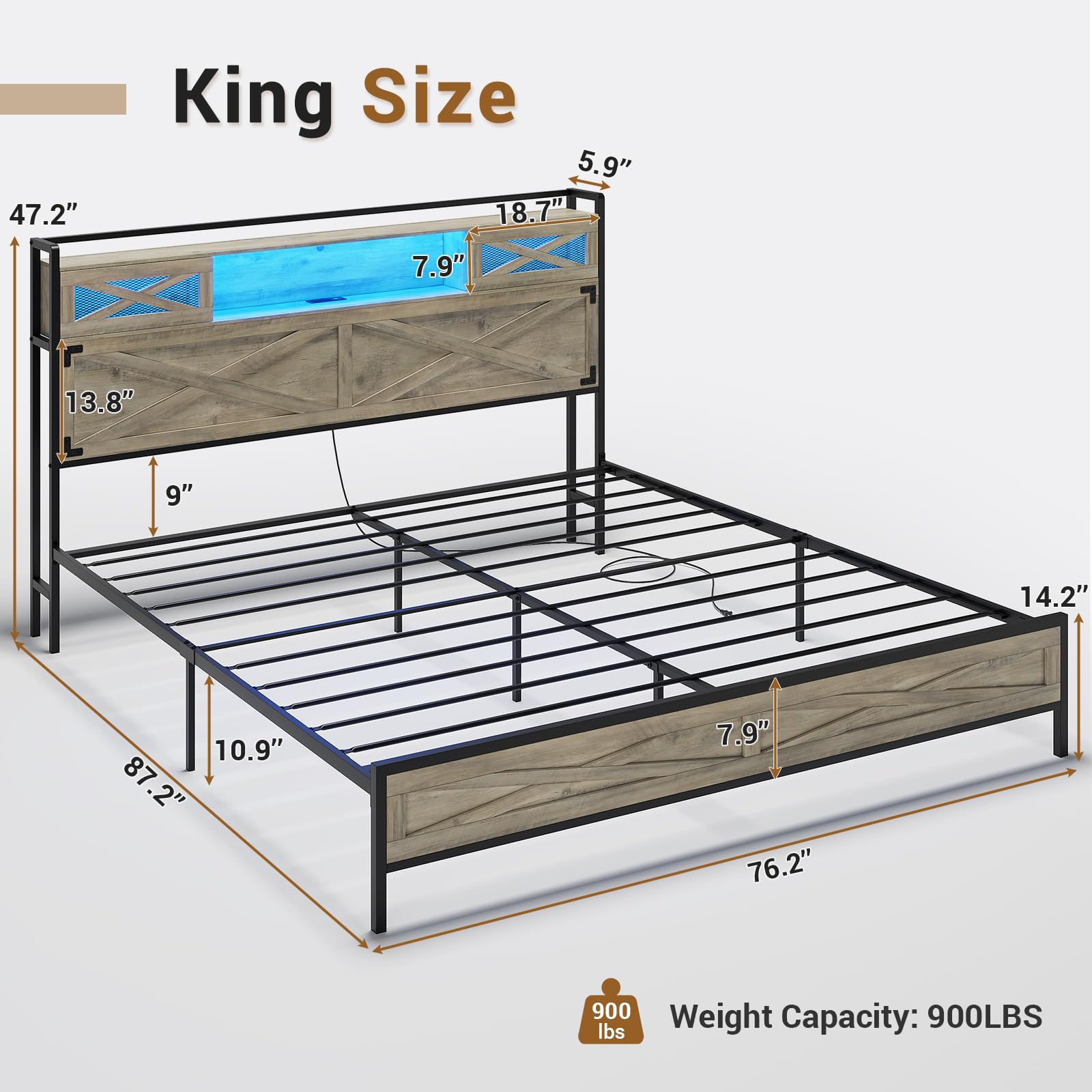 Hasuit Farmhouse Bed Frame King Size with LED Lights and Charging Station, Rustic Platform King Bed with Storage Headboard with Sliding Barn Door, No Box Spring Needed, Rustic Oak