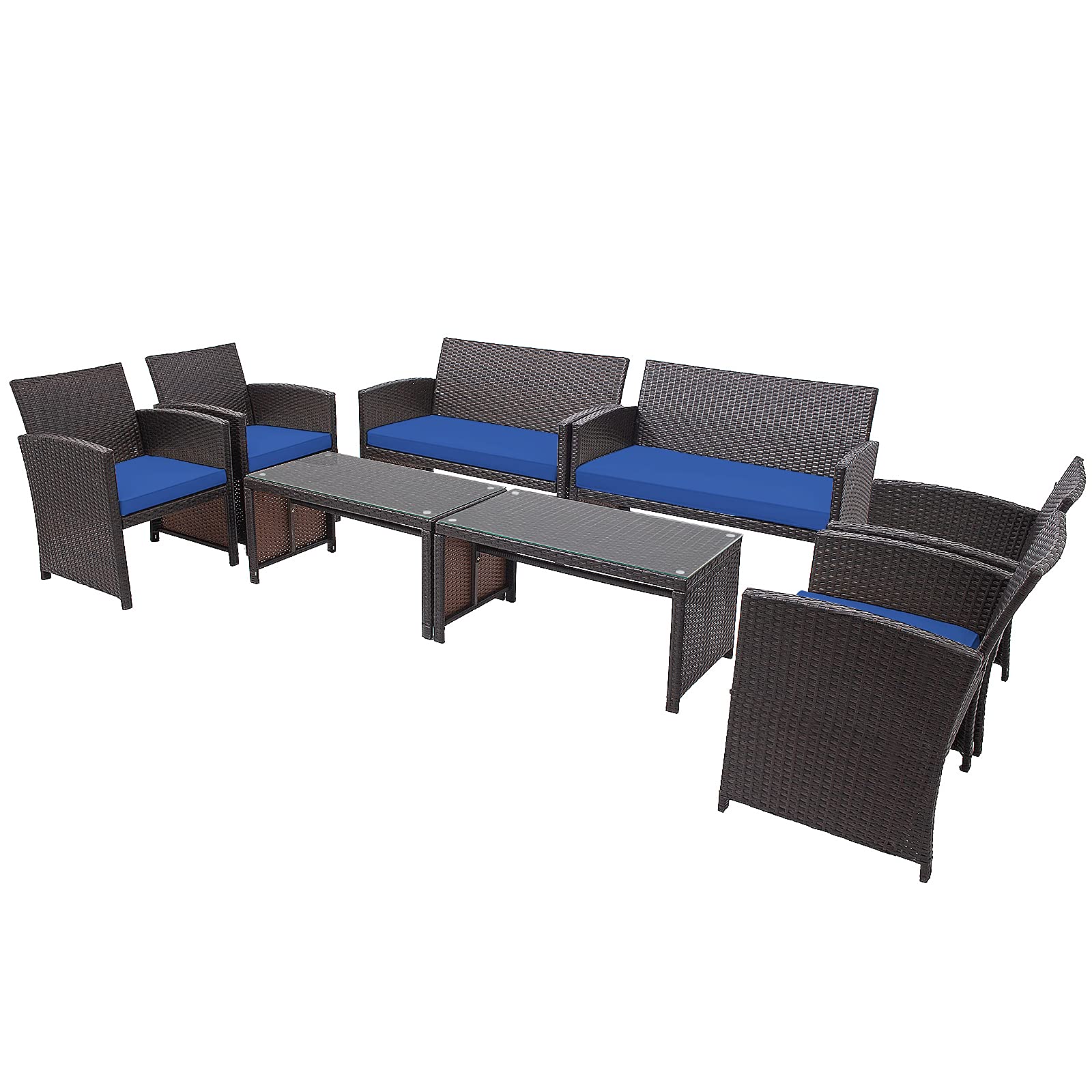 Toolsempire Outdoor Furniture Set with Water-Resistant Cushion & Tempered Glass Table, 8 Pieces Wicker Conversation Set with Ergonomic Curved Design, Outdoor Rattan Chair for Balcony, Porch(Navy Blue)