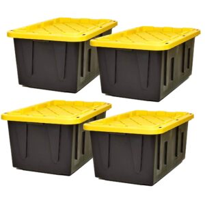 homz 15-gallon durabilt plastic stackable storage organizer container w/snap lid and hasps for tie-down straps or locks, black/yellow (4 pack)