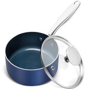 michelangelo 1 quart saucepan with lid, nonstick ceramic sauce pan with stainless steel handle, 1 qt saucepan with lid oven safe, blue