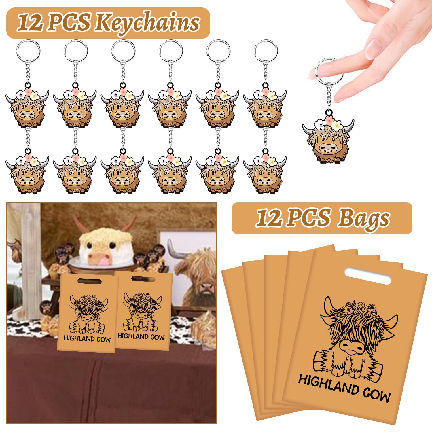 Lcnjscgo Highland Cow Party Favors Highland Cow Theme Slap Bracelets Key Chains Badges Temporary Tattoo Stickers Gift Bags for Kids Highland Cattle Farm Animal Birthday Party Supplies Baby Shower