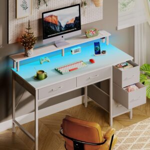 Seventable Computer Desk with Power Outlets & LED Light, 39 inch Home Office Desk with 5 Drawers, Writing Desk with Monitor Stand, Work Desk for Home Office, White