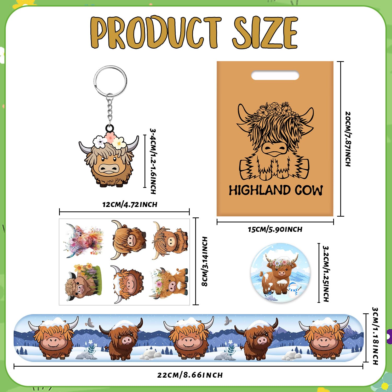 Lcnjscgo Highland Cow Party Favors Highland Cow Theme Slap Bracelets Key Chains Badges Temporary Tattoo Stickers Gift Bags for Kids Highland Cattle Farm Animal Birthday Party Supplies Baby Shower