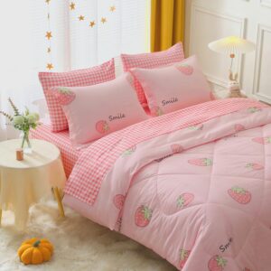 jameswish 7 piece kids strawberry comforter set twin size for girls teens bed in a bag light pink grid bedding set with sheet all season lightweight