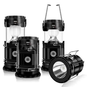 dibms 4-pack solar camping lantern, collapsible led solar usb rechargeable lantern flashlight emergency hanging lights for camping hurricanes power outages indoor outdoor